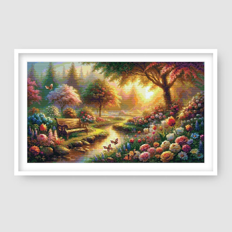 Sunrise Garden Stitch Pattern, Serene Landscape Cross Stitch Pattern ...