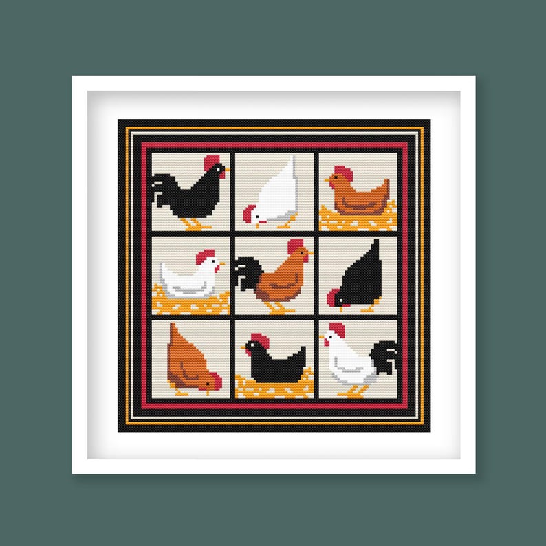 Farmhouse Chicken Cross Stitch Pattern - Charming Hen & Rooster Quilt ...