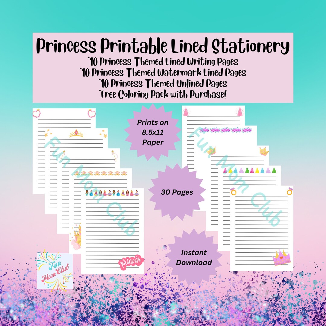 Printable Princess Stationery Gift for Girl Princess Birthday Gift ...