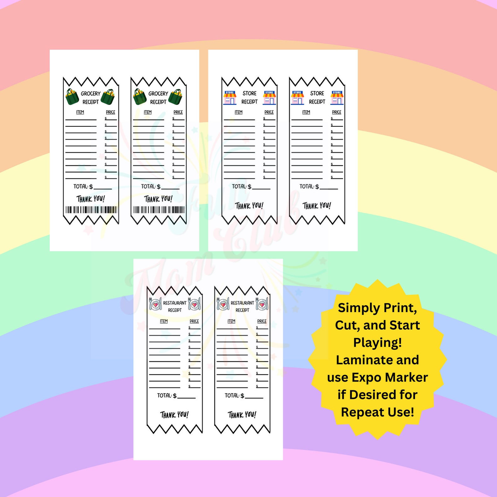 Printable Kids Play Receipts for Grocery, Restaurant and Store Pretend ...