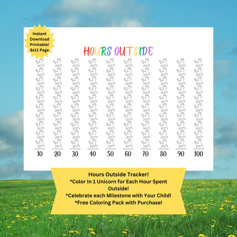 Unicorn Hours Outside Tracker for Kids Play Printable Letter Size ...