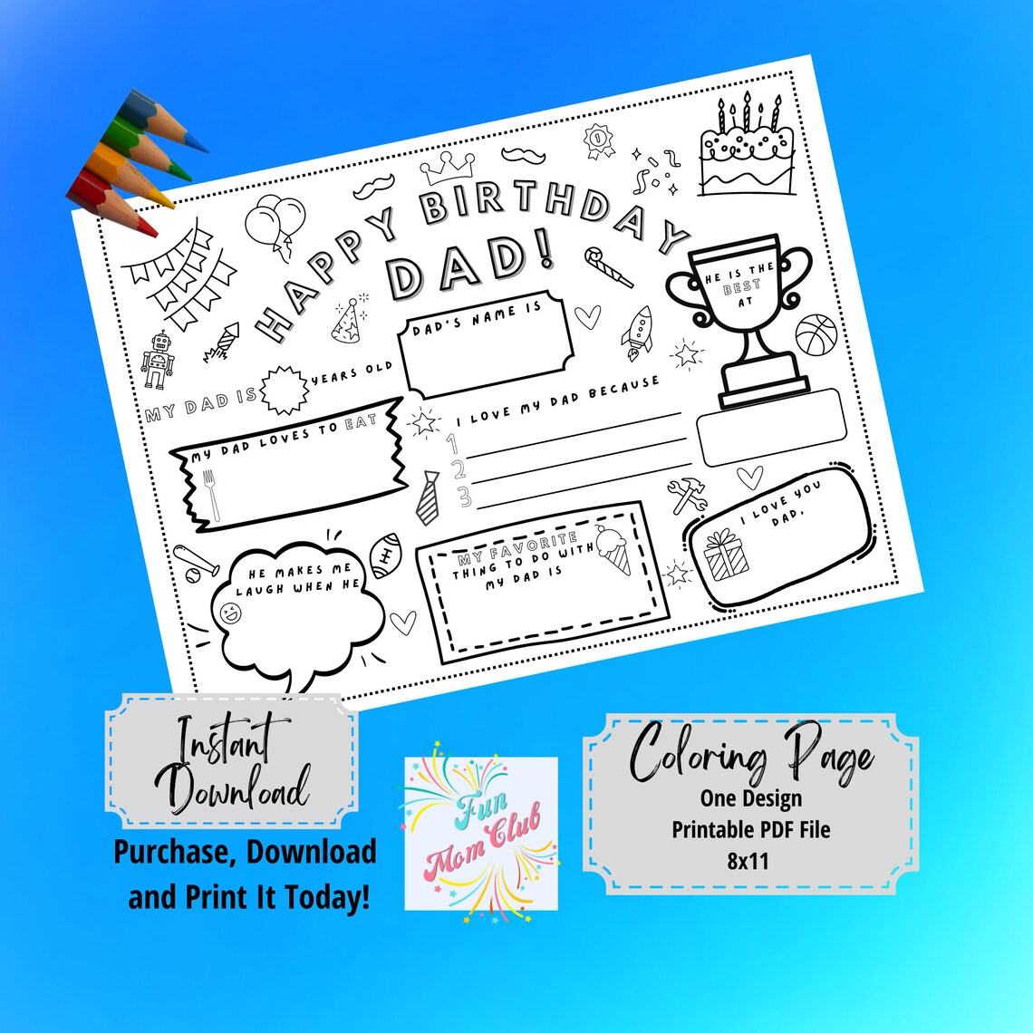 Happy Birthday Dad Coloring Page Printable Dad’s Birthday Gift ...