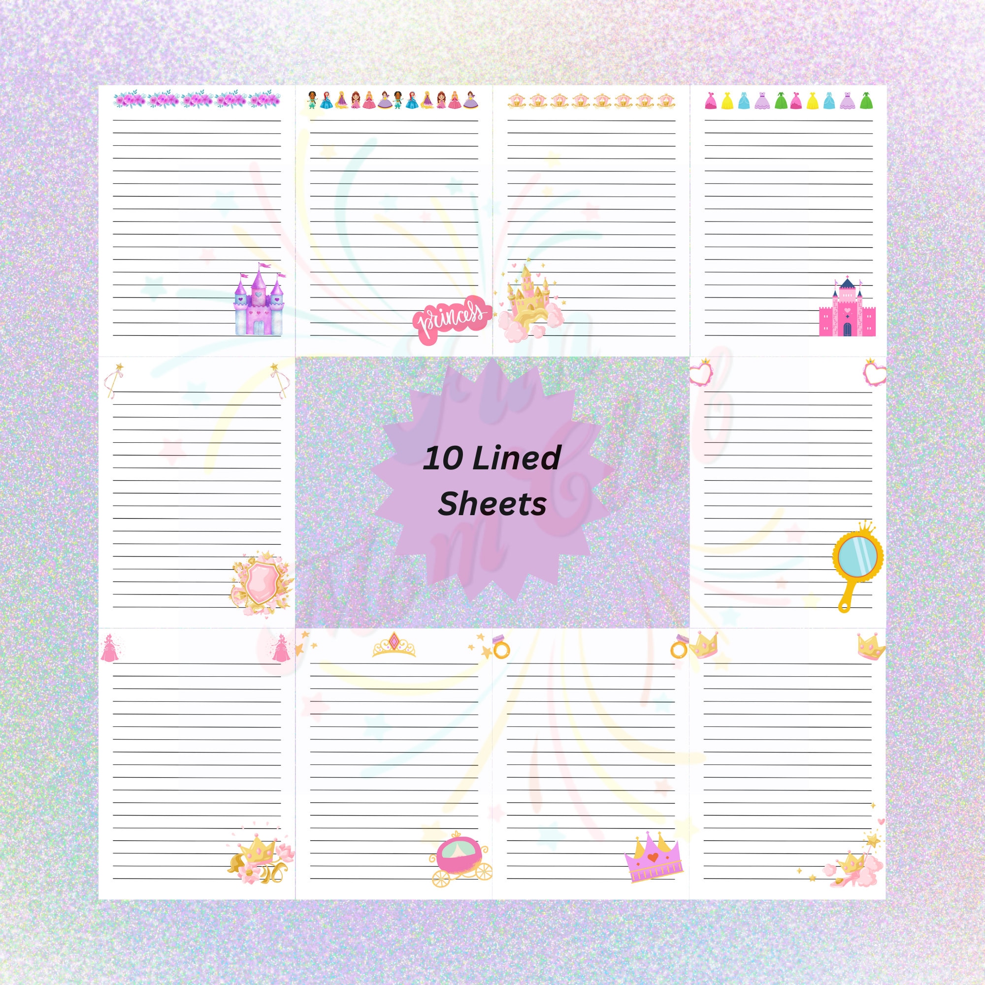 Printable Lined Paper Princess Kids Stationery Handwriting Digital ...