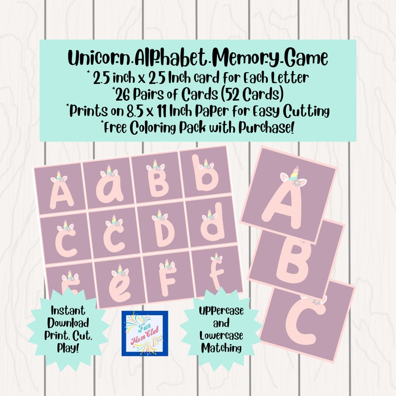 Printable Unicorn Alphabet Memory Matching Card Game Educational ...