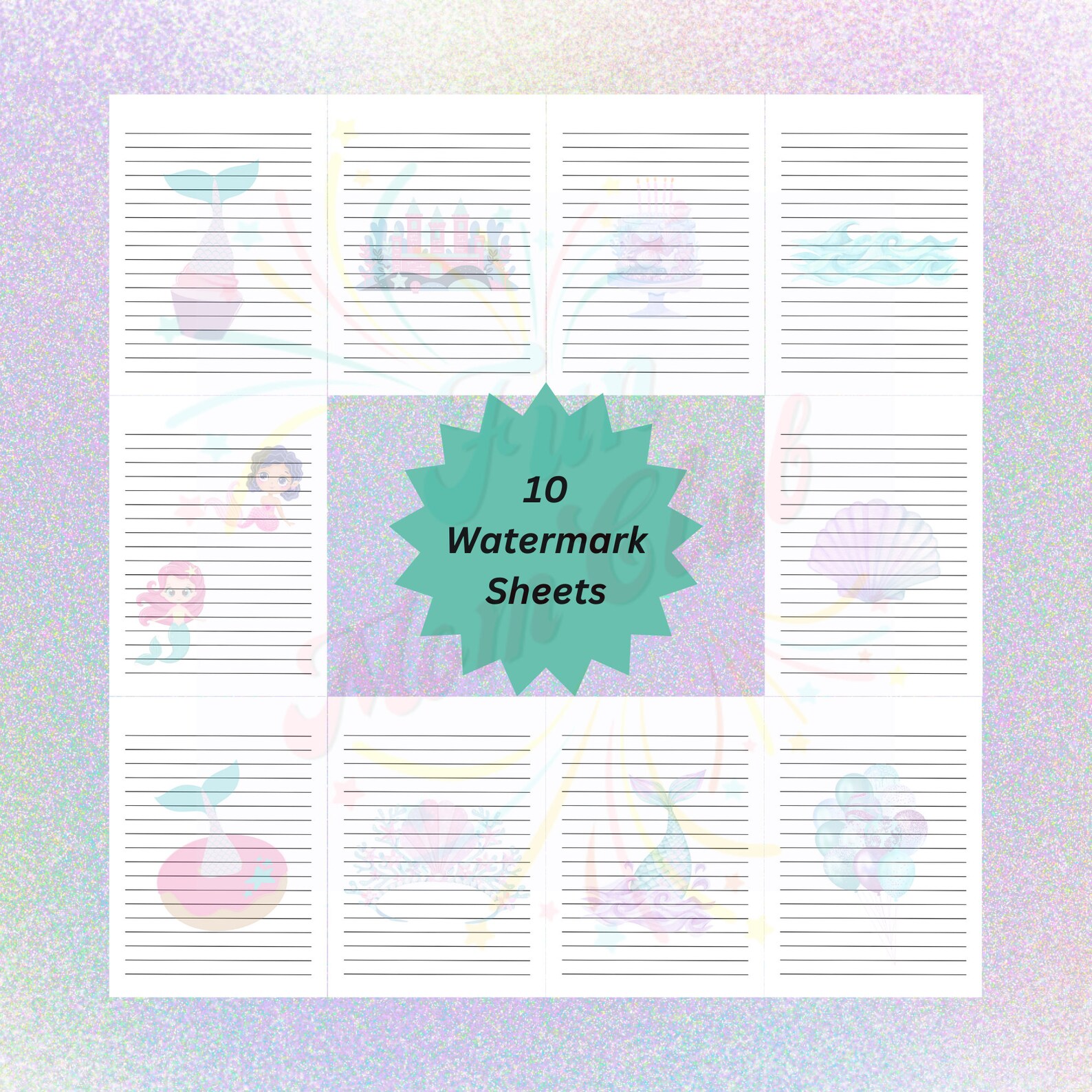 Printable Lined Paper Mermaid Kids Stationery Handwriting Digital ...