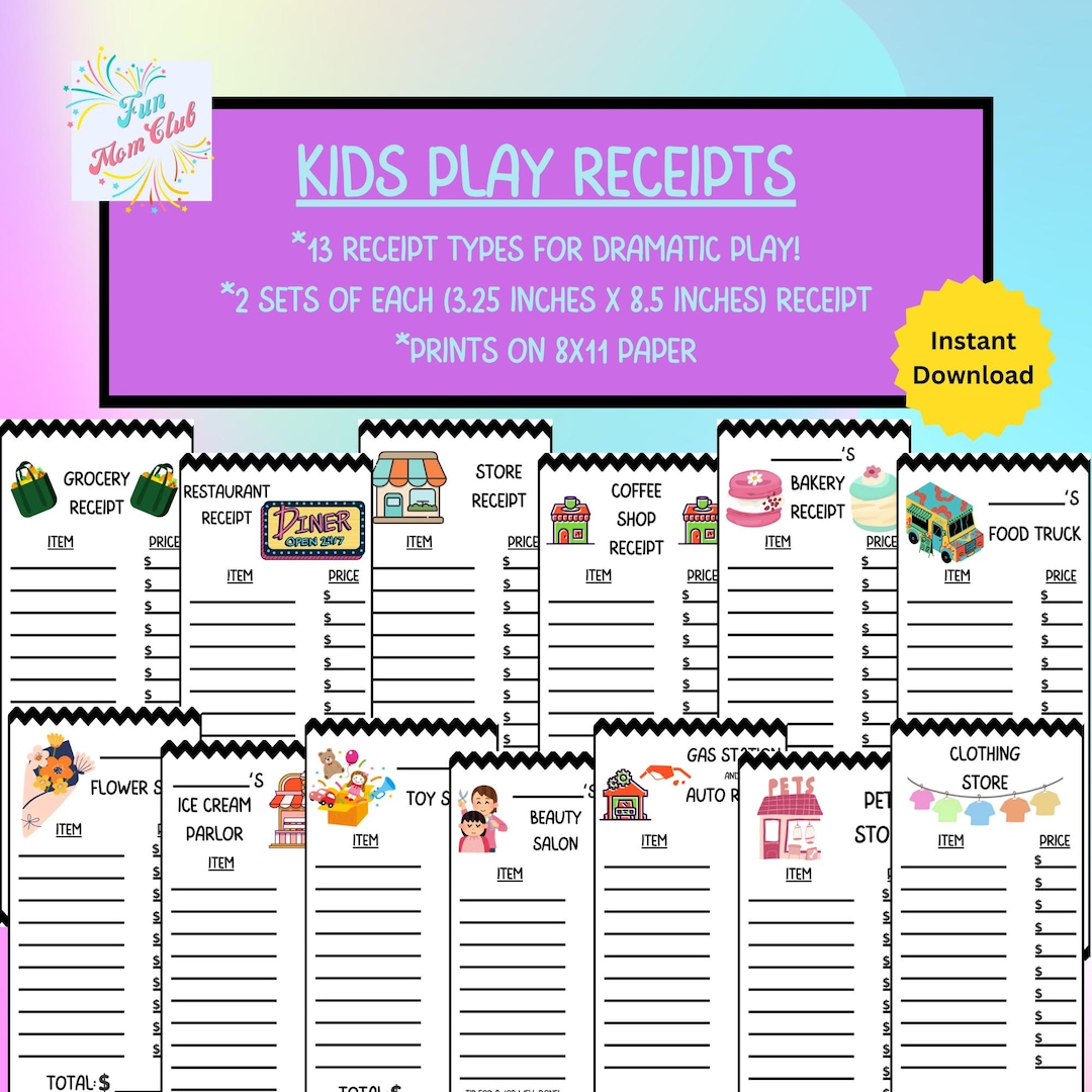 Printable Kids Dramatic Pretend Play Receipts Montessori Daycare ...