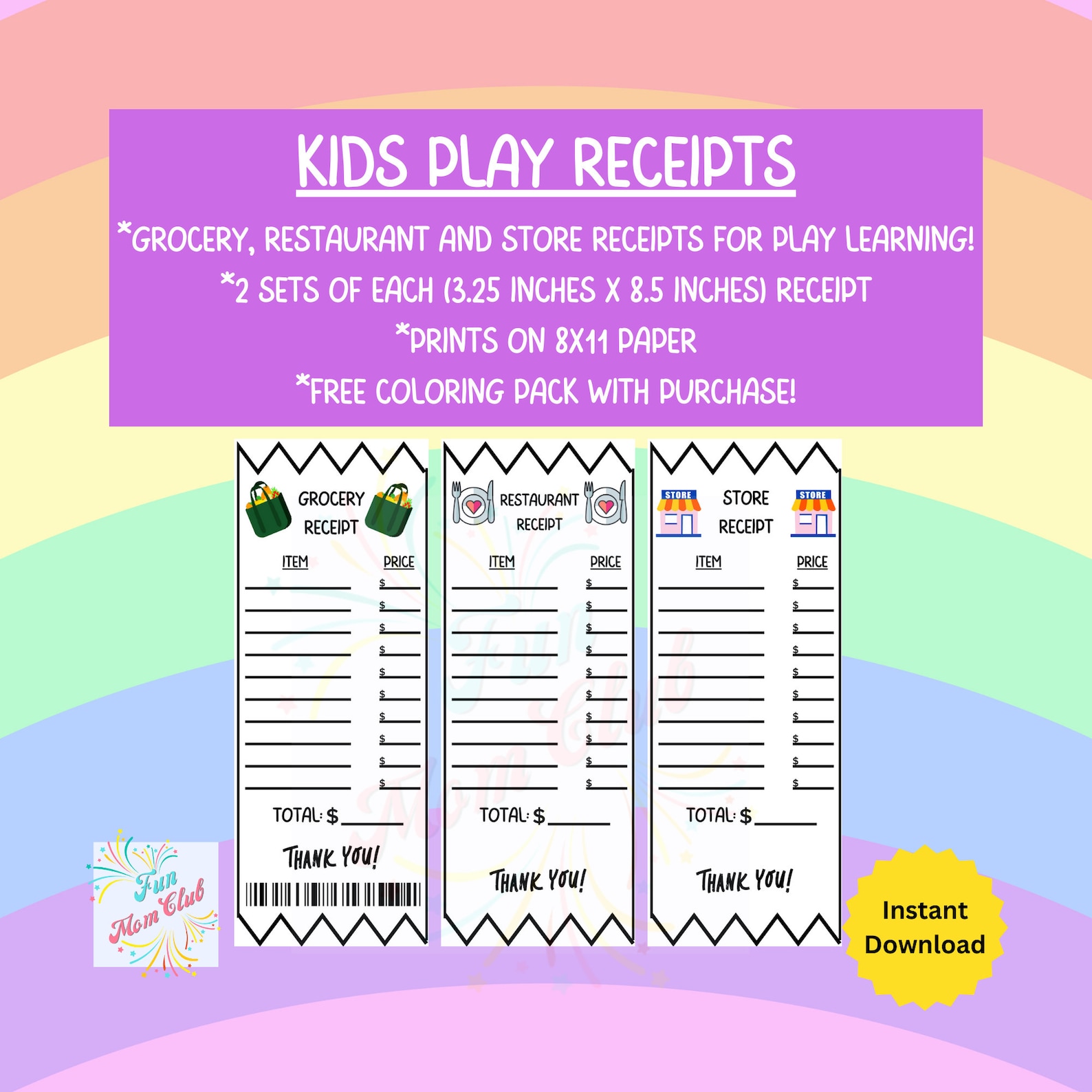 Printable Kids Play Receipts for Grocery, Restaurant and Store Pretend ...