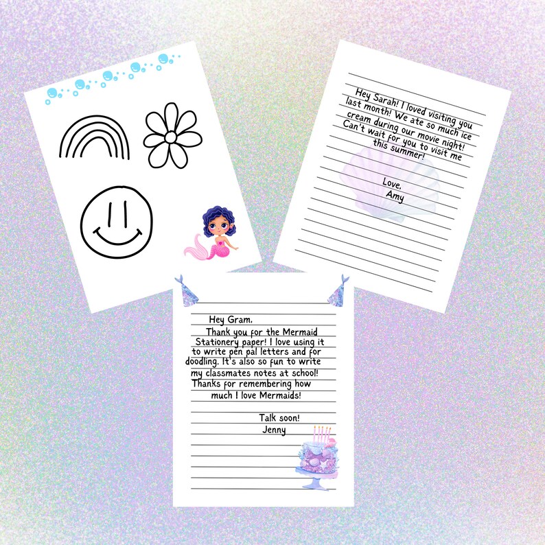 Printable Lined Paper Mermaid Kids Stationery Handwriting Digital Sheets Letter Writing Paper ...