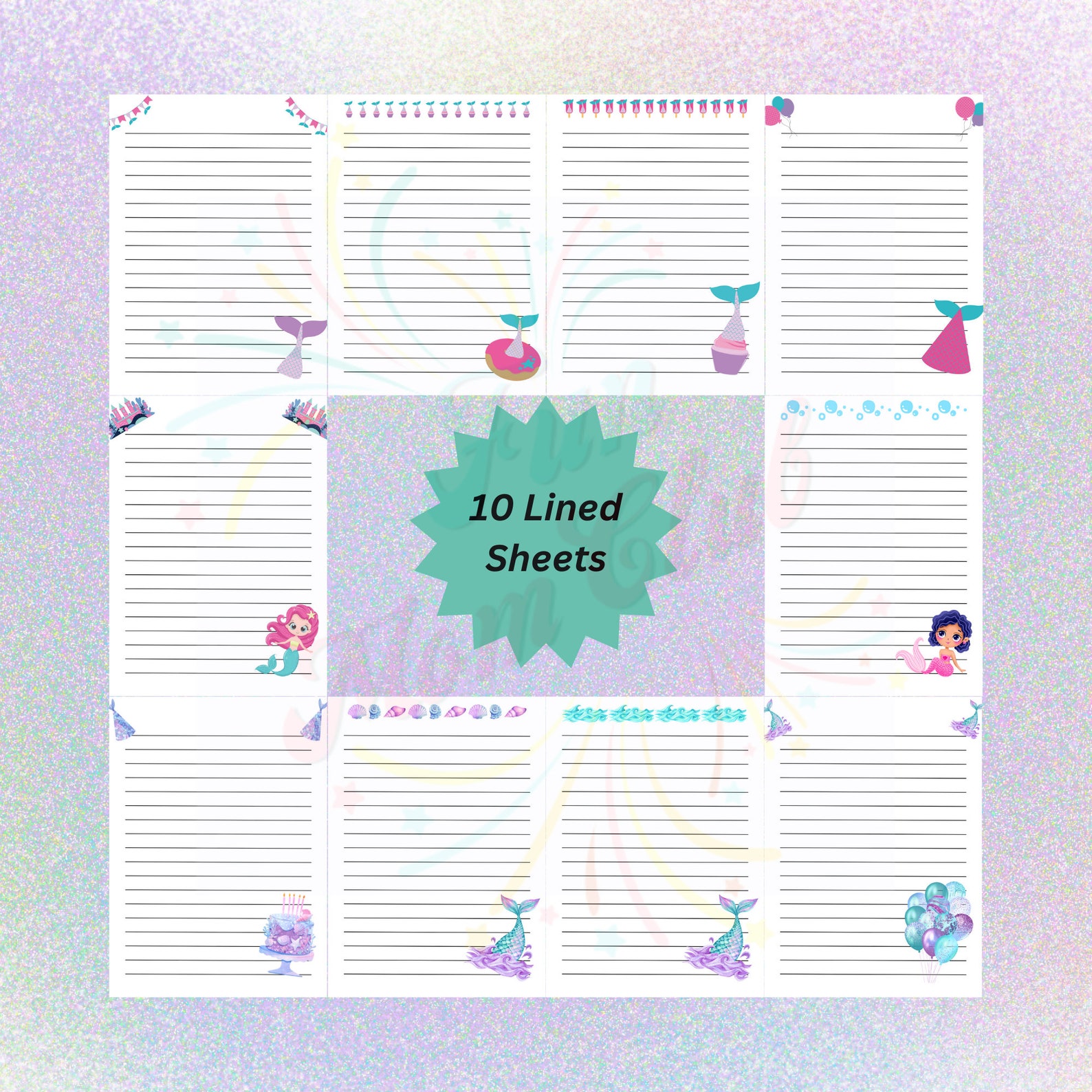 Printable Lined Paper Mermaid Kids Stationery Handwriting Digital ...