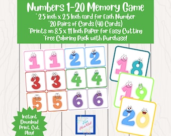 Printable Unicorn 1-20 Numbers Memory Matching Card Game Educational ...