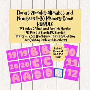 Printable Donuts Alphabet & Number BUNDLE Memory Matching Card Game ...