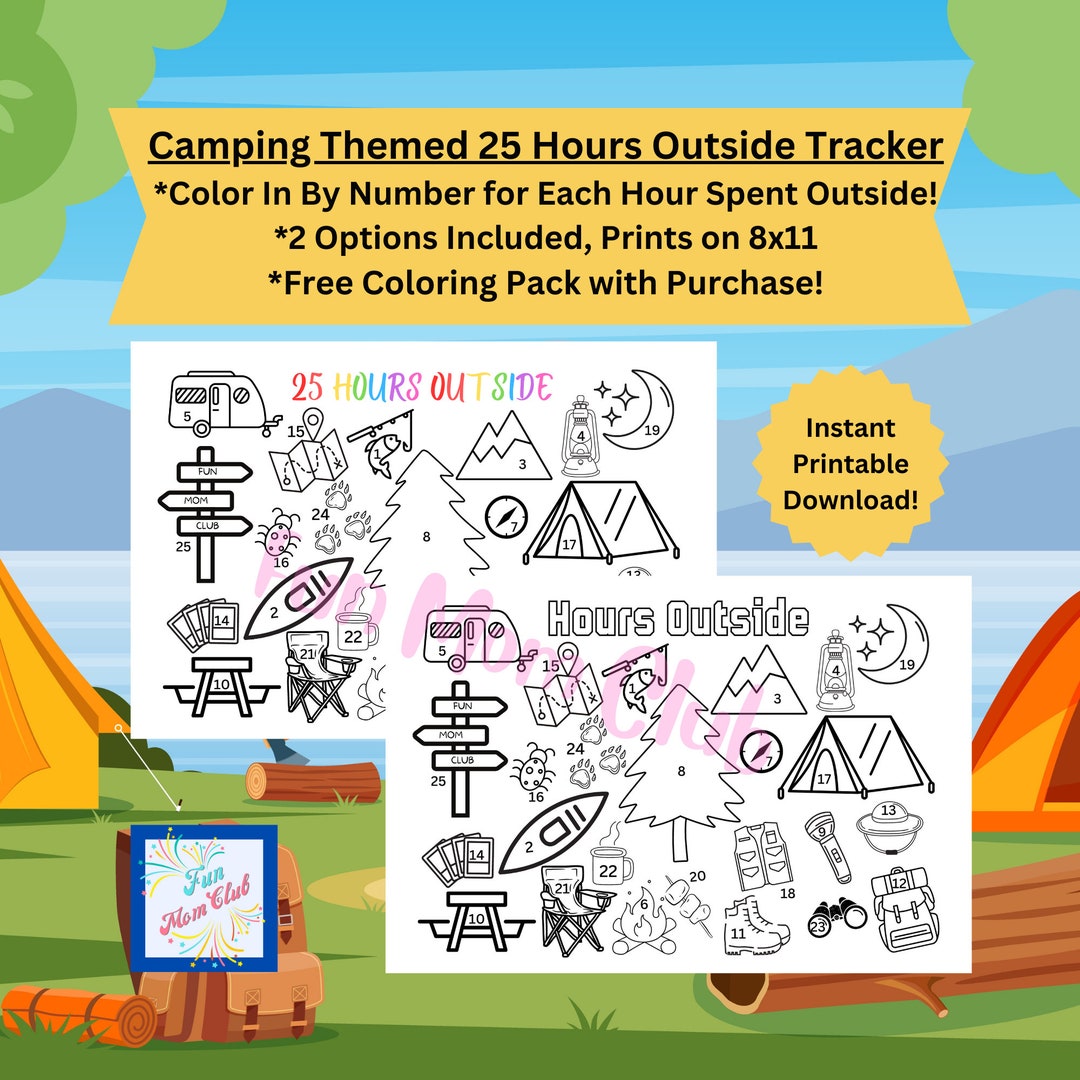 Camping Themed 25 Hours Outside Tracker for Kids Play Printable Color ...