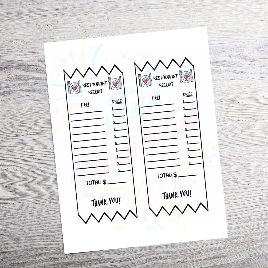Printable Kids Play Receipts for Grocery, Restaurant and Store Pretend ...