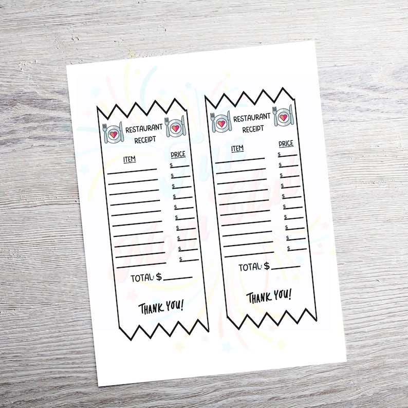 Printable Kids Play Receipts for Grocery, Restaurant and Store Pretend ...