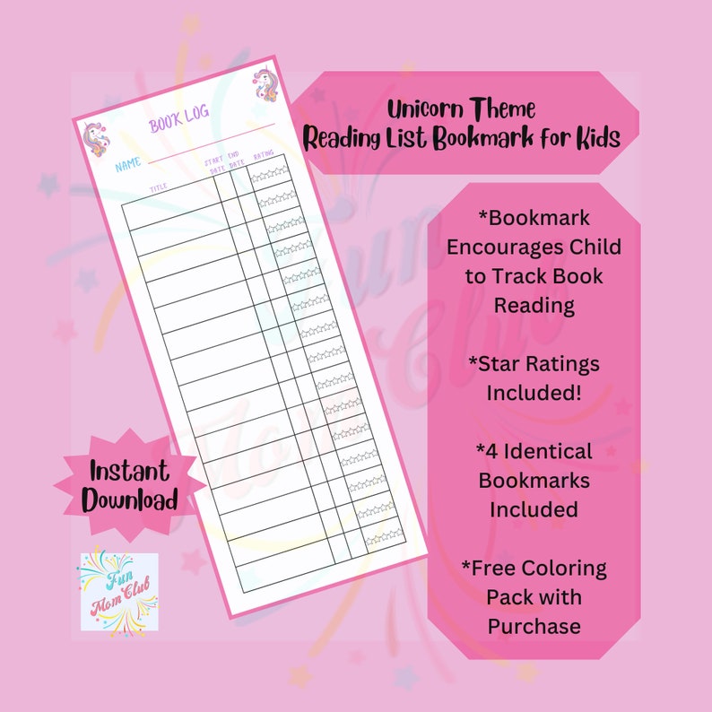 Unicorn Theme Library Bookmark Printable Kids Reading Tracker Reading ...