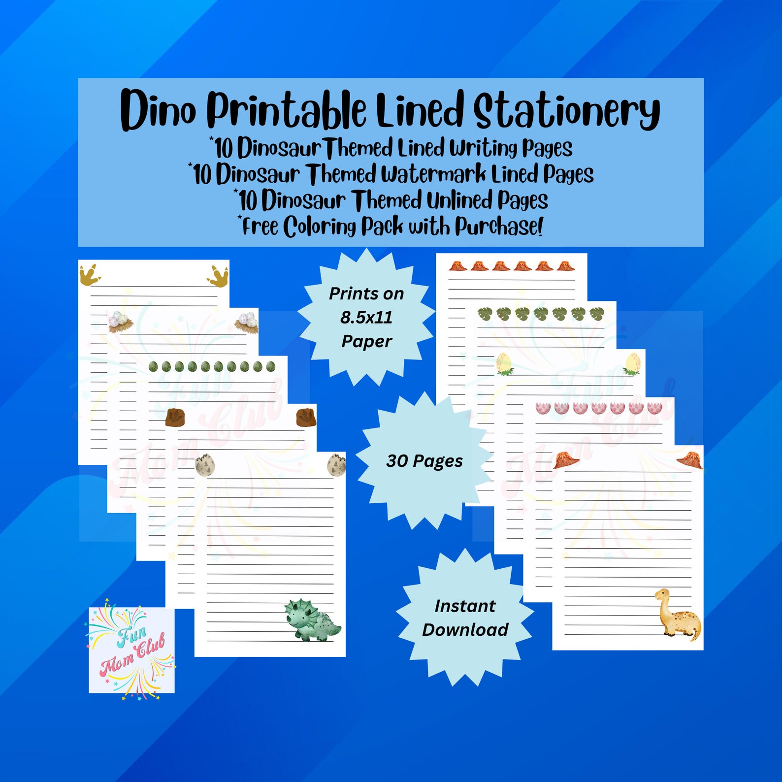 Printable Lined Paper Dinosaur Kids Stationery Handwriting Digital ...