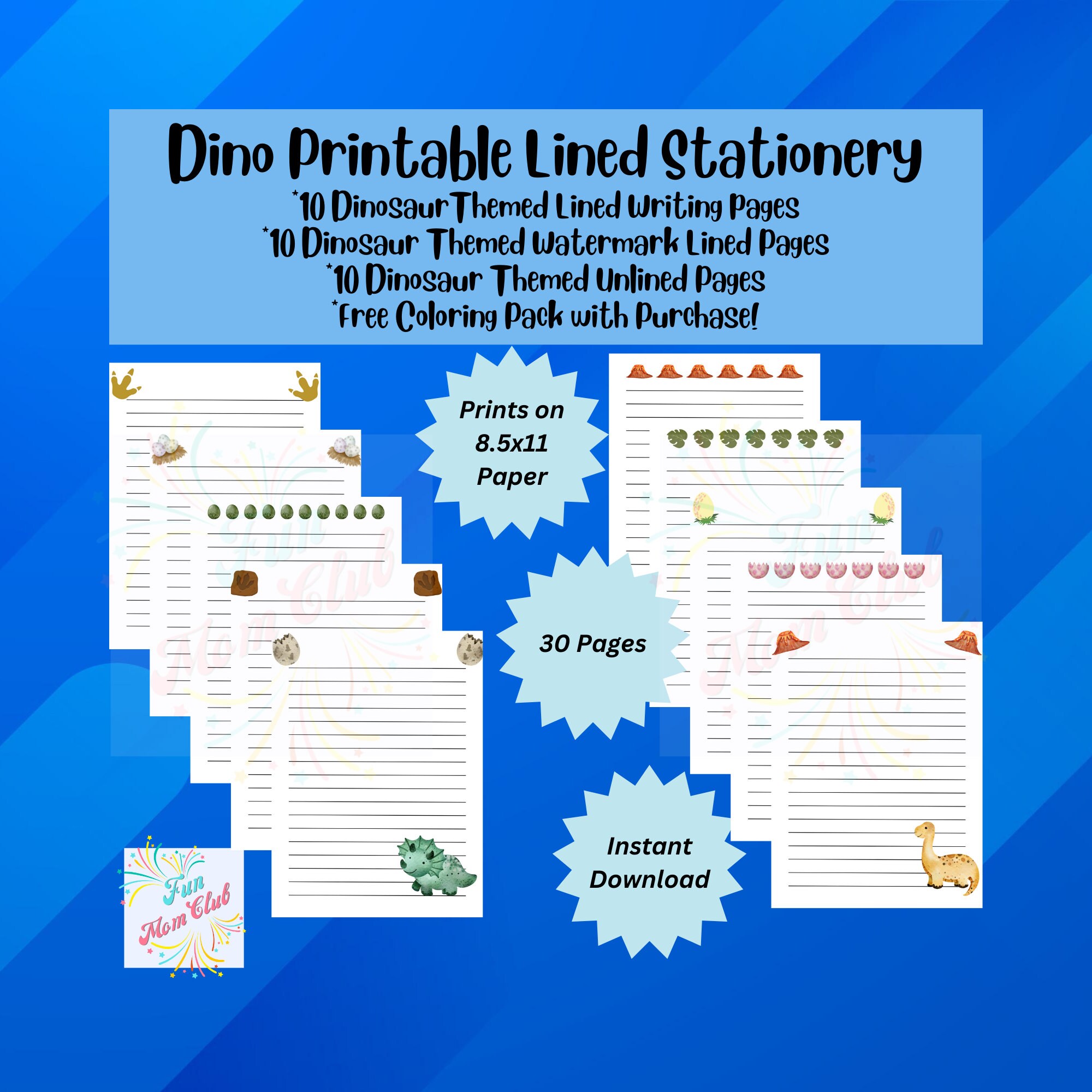 Printable Lined Paper Dinosaur Kids Stationery Handwriting Digital ...