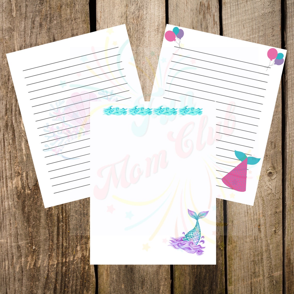 Printable Lined Paper Mermaid Kids Stationery Handwriting Digital ...