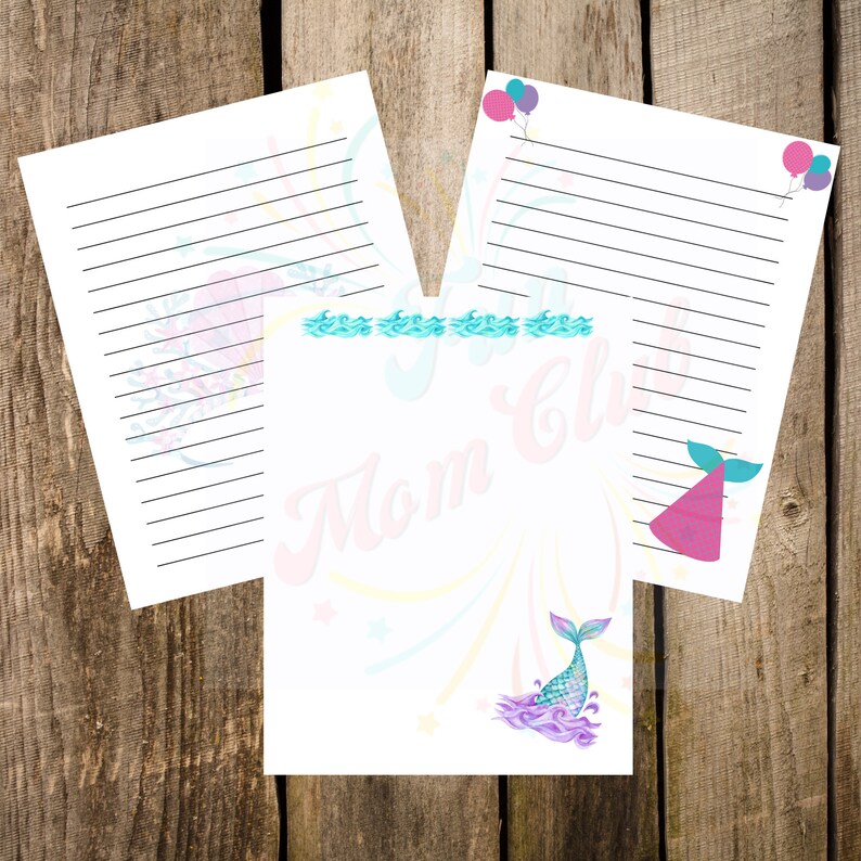 Printable Lined Paper Mermaid Kids Stationery Handwriting Digital ...