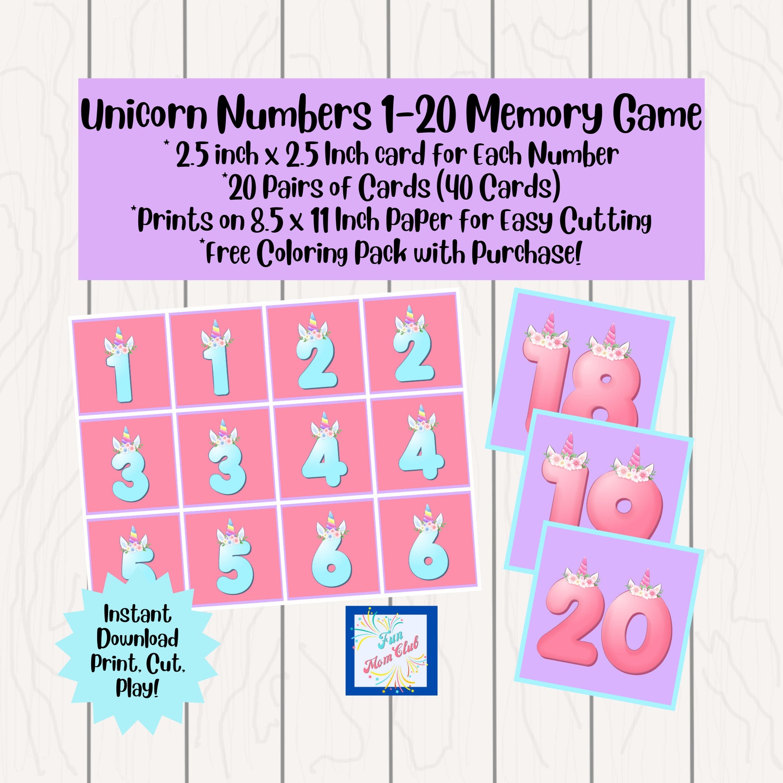 Printable Unicorn 1-20 Numbers Memory Matching Card Game Educational ...