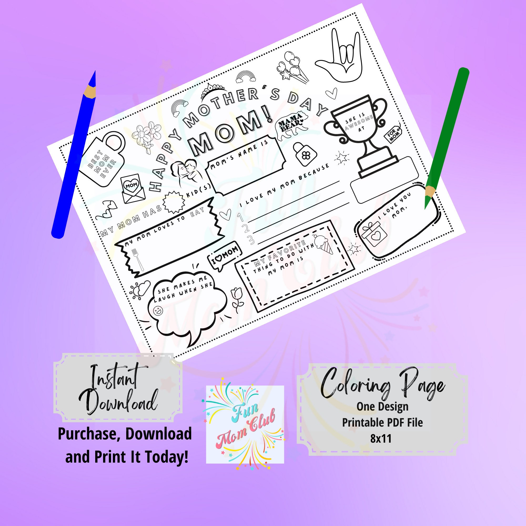 Happy Mother's Day Coloring Page Printable Mother's Day Gift Printable ...