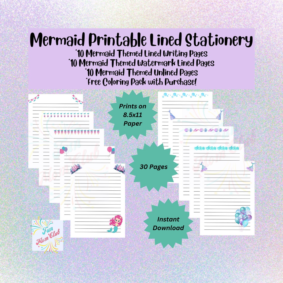 Printable Lined Paper Mermaid Kids Stationery Handwriting Digital Sheets Letter Writing Paper ...