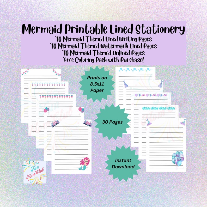 Printable Lined Paper Mermaid Kids Stationery Handwriting Digital ...