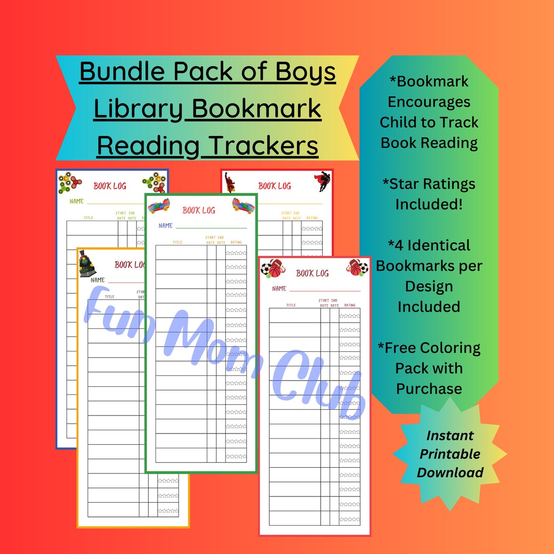 Printable Boys Library Bookmark Bundle Kids Reading Tracker Reading ...