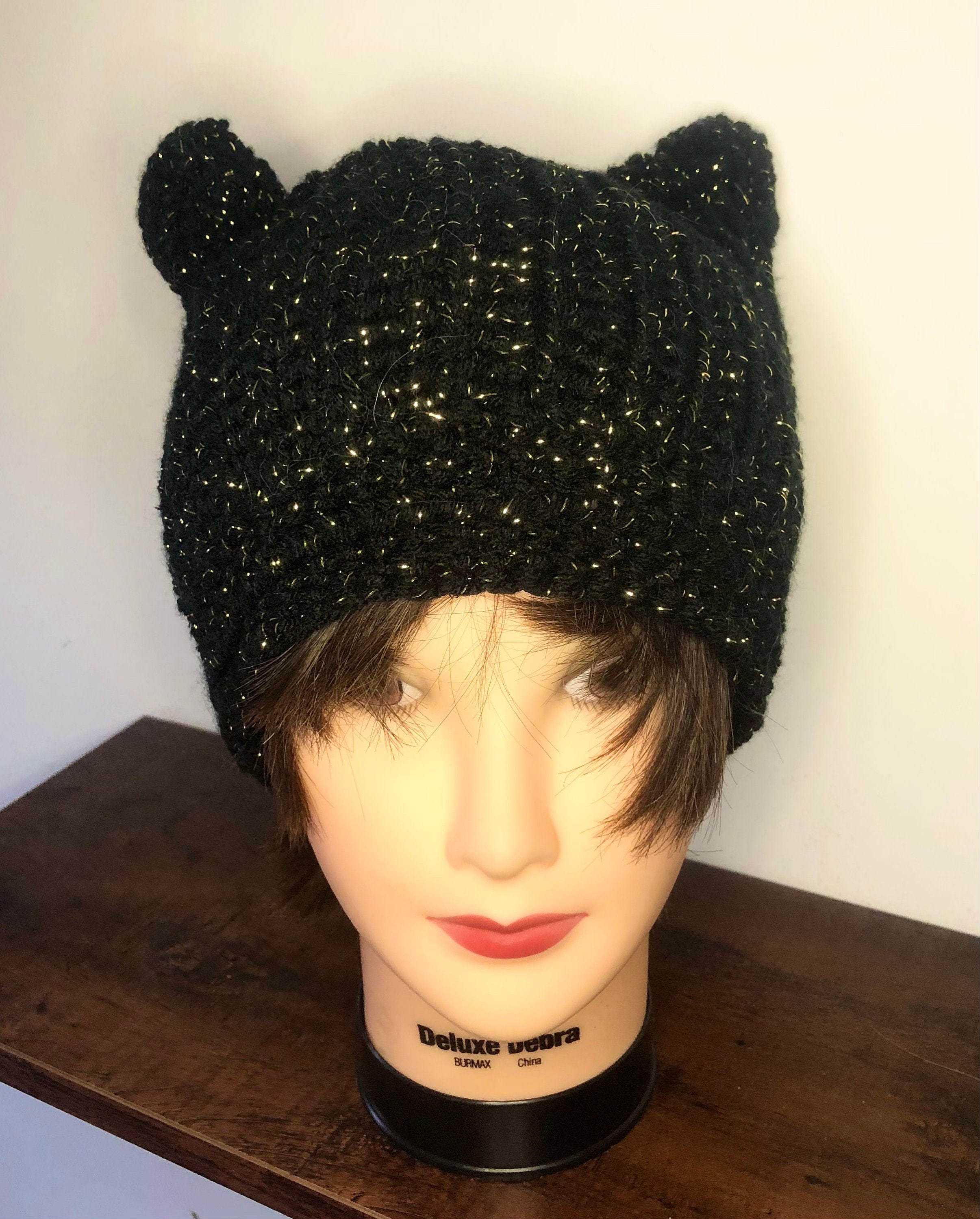 Handmade Crochet Black Sparkle Animal Ear Hat Emo Goth Beanie - Etsy