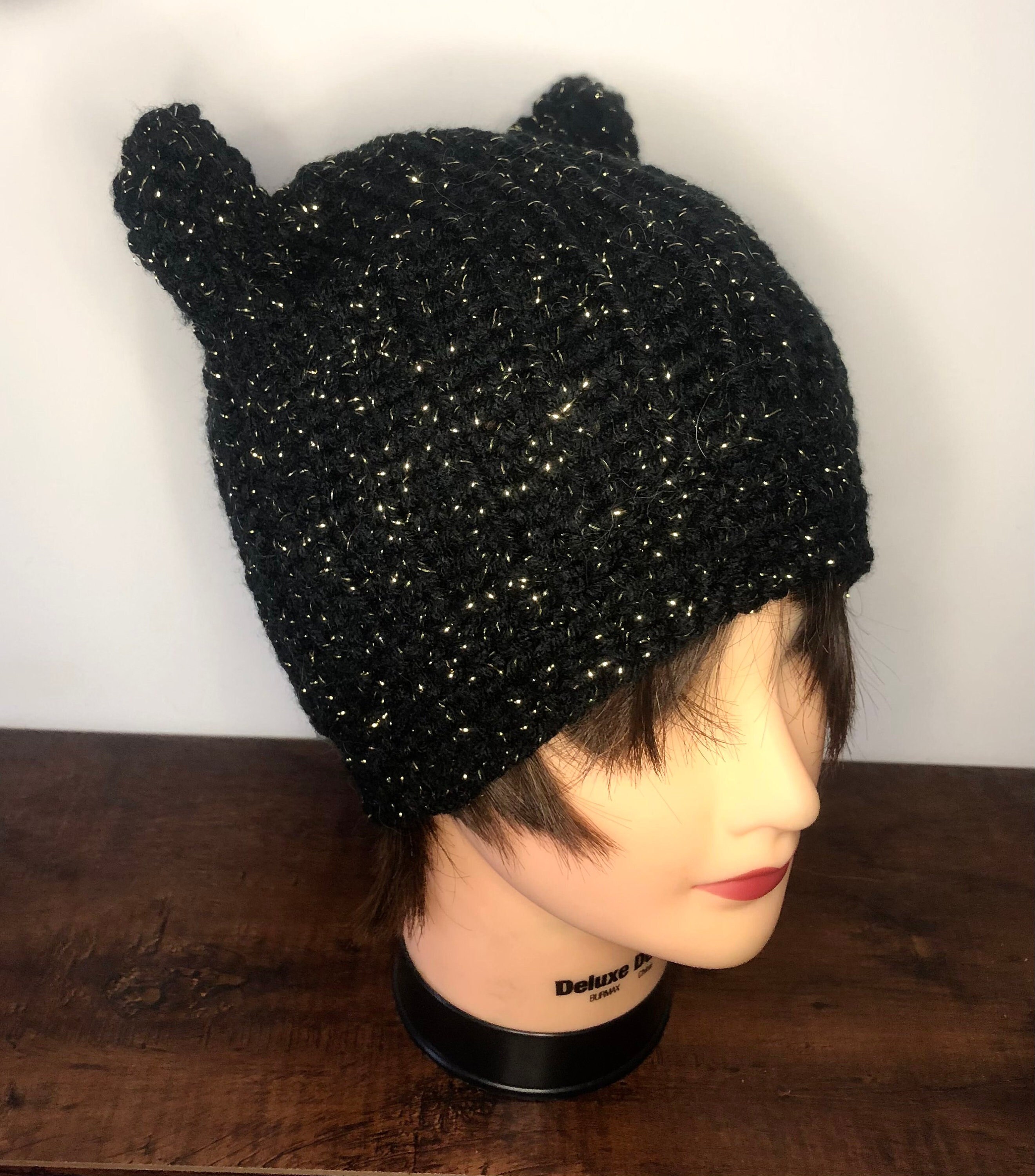 Handmade Crochet Black Sparkle Animal Ear Hat Emo Goth Beanie - Etsy