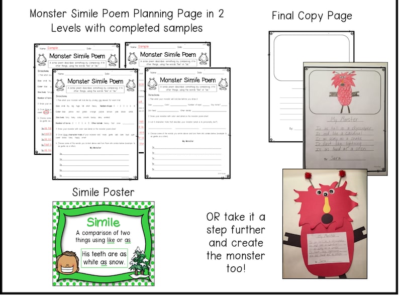 Poetry Writing: Monster Simile Poem - Lesson Plans and Printables - Etsy