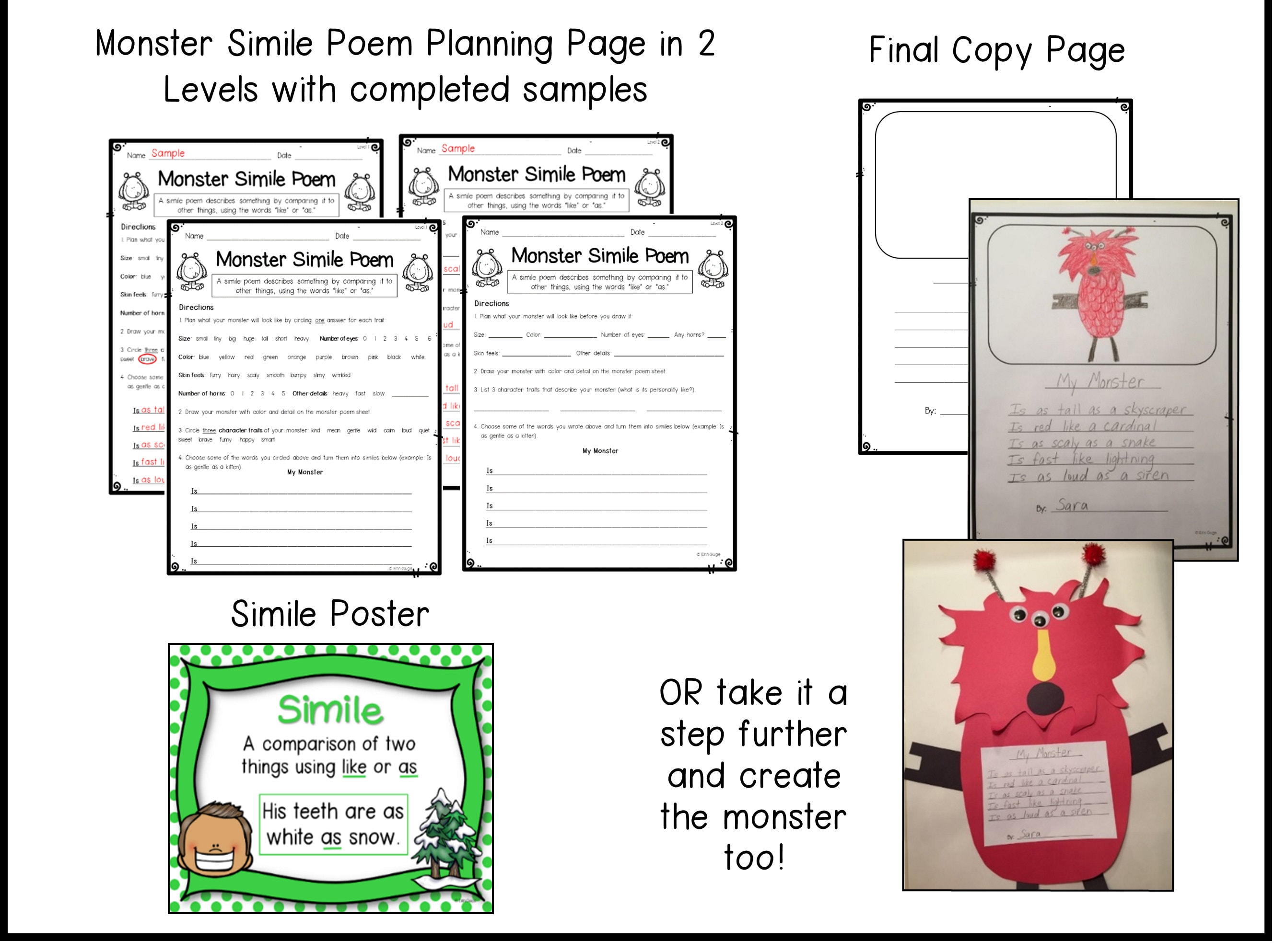 Poetry Writing: Monster Simile Poem - Lesson Plans and Printables - Etsy