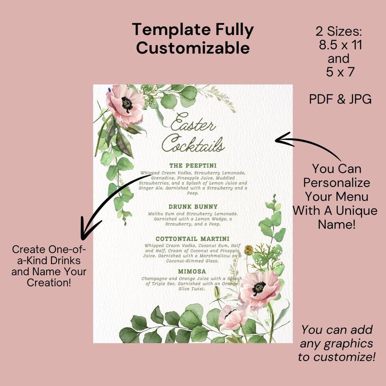 Elegant Easter Menu | Easter Cocktail Menu Template | Editable Design ...