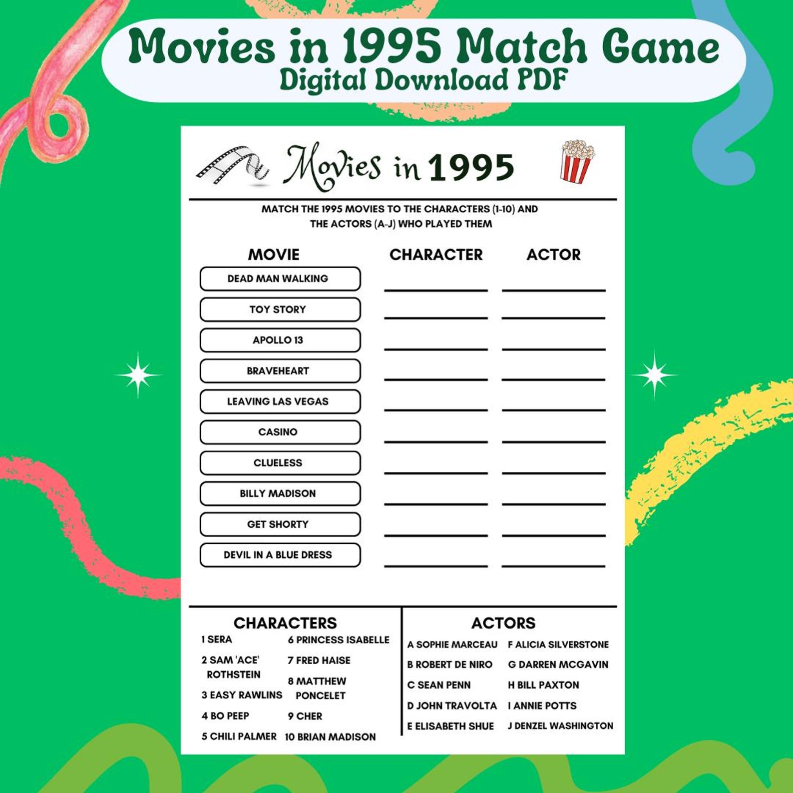 Movie Game 1995 Movies-character Vs Actor Match-up | Party Games | 30th ...