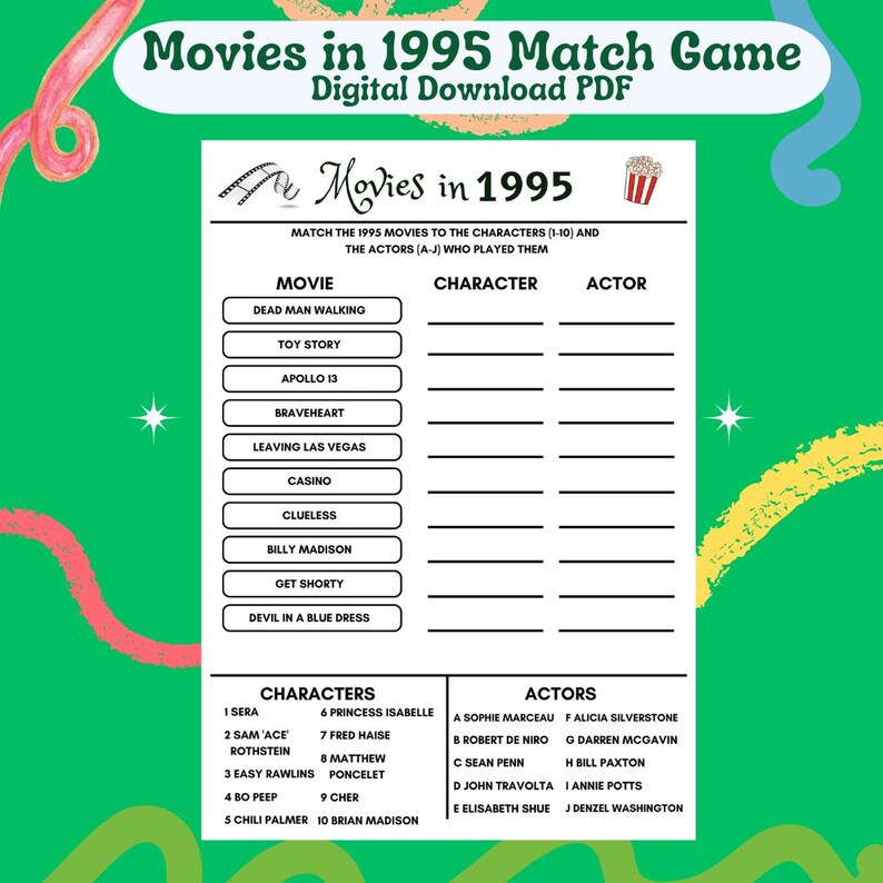 Movie Game 1995 Movies-character Vs Actor Match-up | Party Games | 30th ...