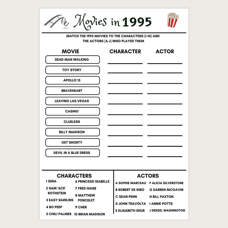 Movie Game 1995 Movies-character Vs Actor Match-up | Party Games | 30th ...