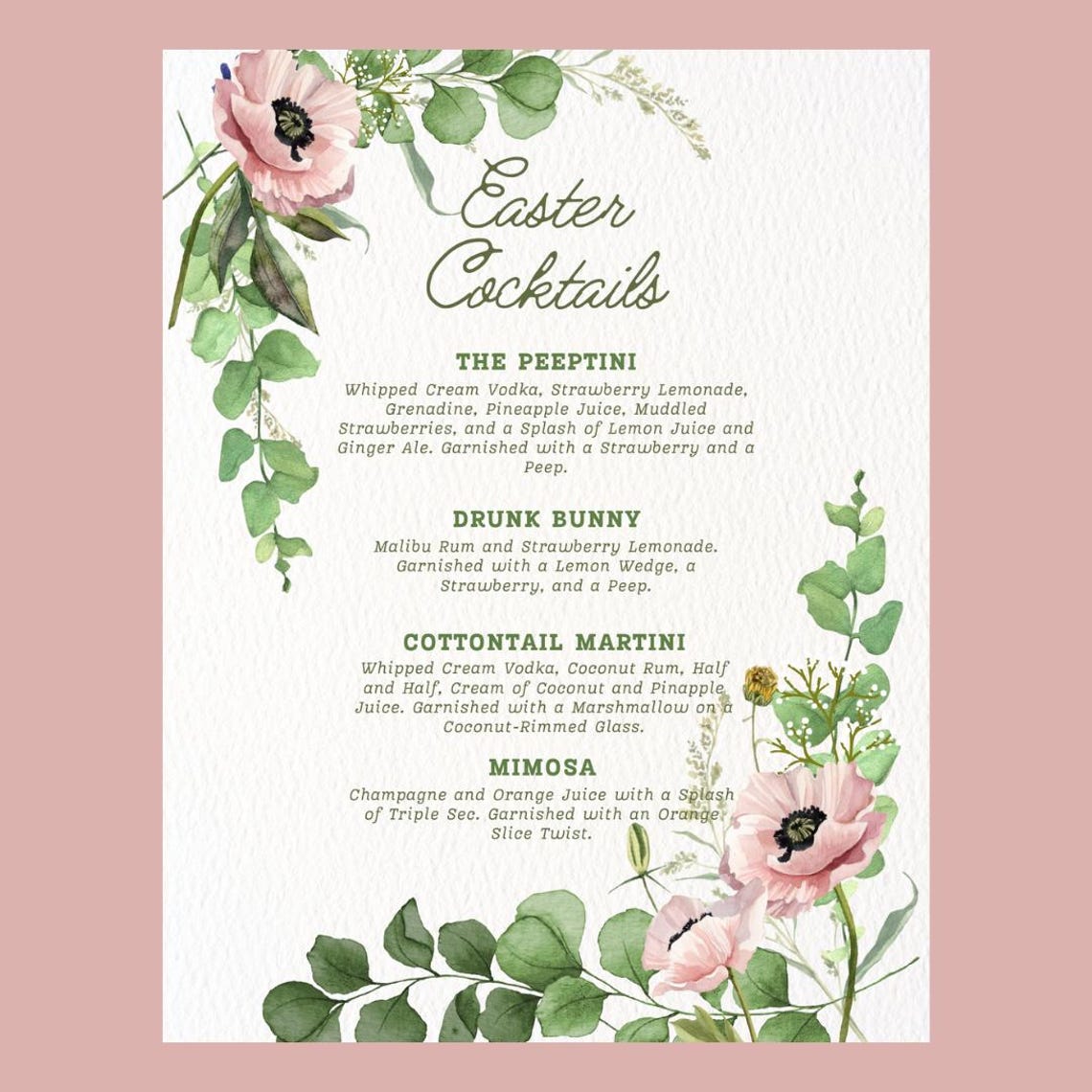Elegant Easter Menu | Easter Cocktail Menu Template | Editable Design ...