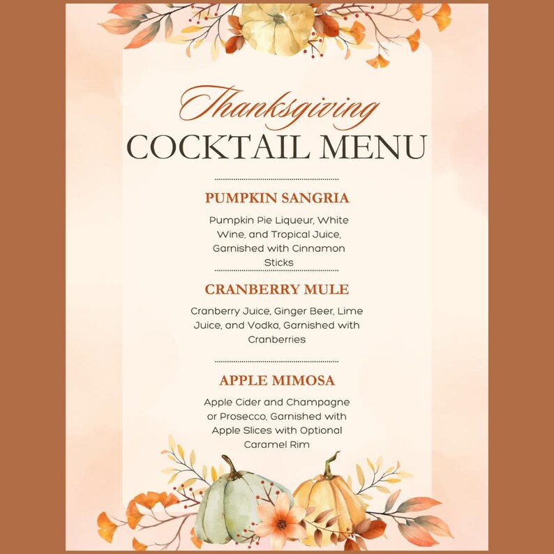 Elegant Thanksgiving Cocktail Menu Template: Editable Design (digital ...