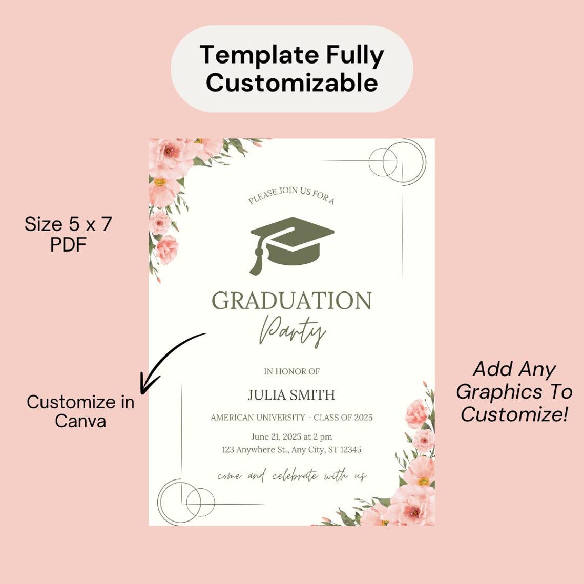 Editable Graduation Party Invitation Template | Class of [year] Floral ...