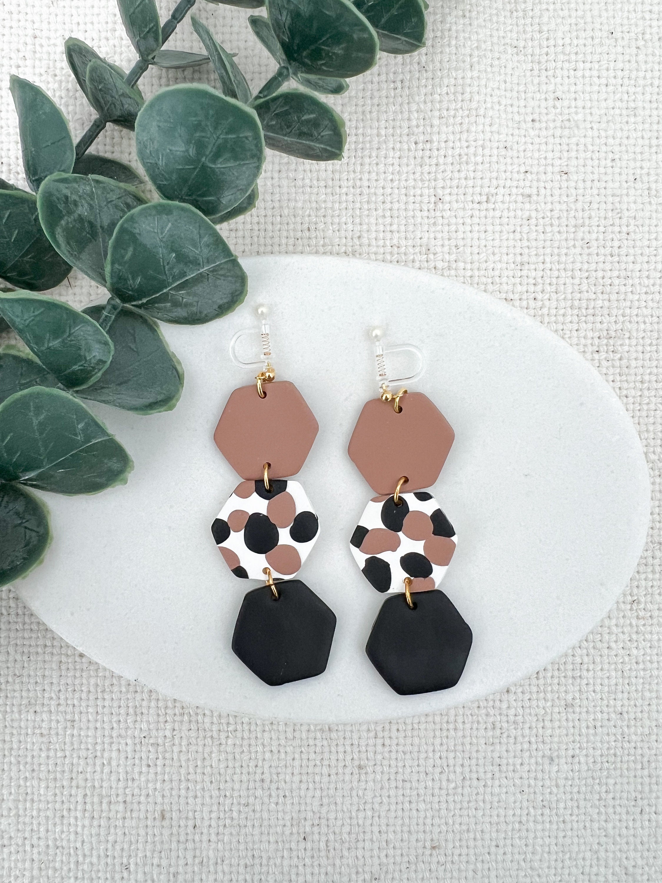 Clay Earrings | Black and Tan Polka Dot Hexagons | Clip on Option | Polymer Clay Earrings ...
