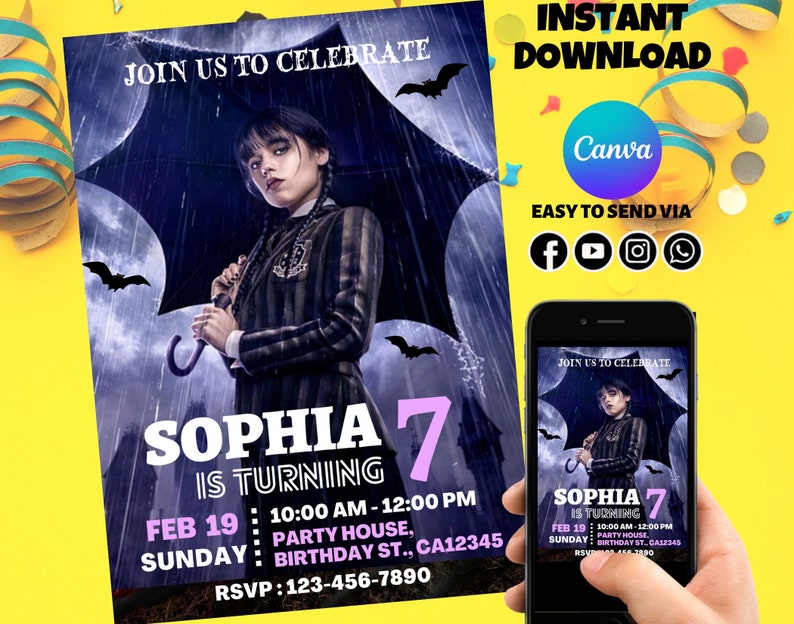 Wednesday Addams Birthday Invitation Template CANVA Kids Etsy