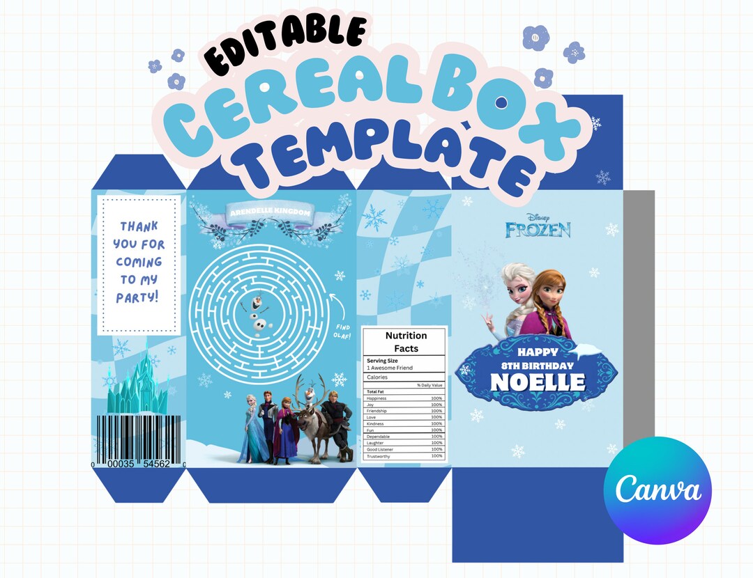 Editable Frozen Cereal Box, Cereal Box Template, Kids Birthday, Kids ...