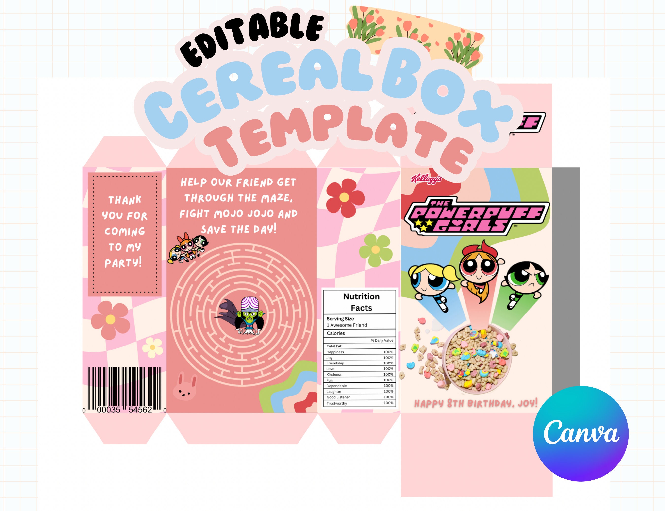 Editable Powerpuff Girls Cereal Box Template: Kids Party Favor (canva ...