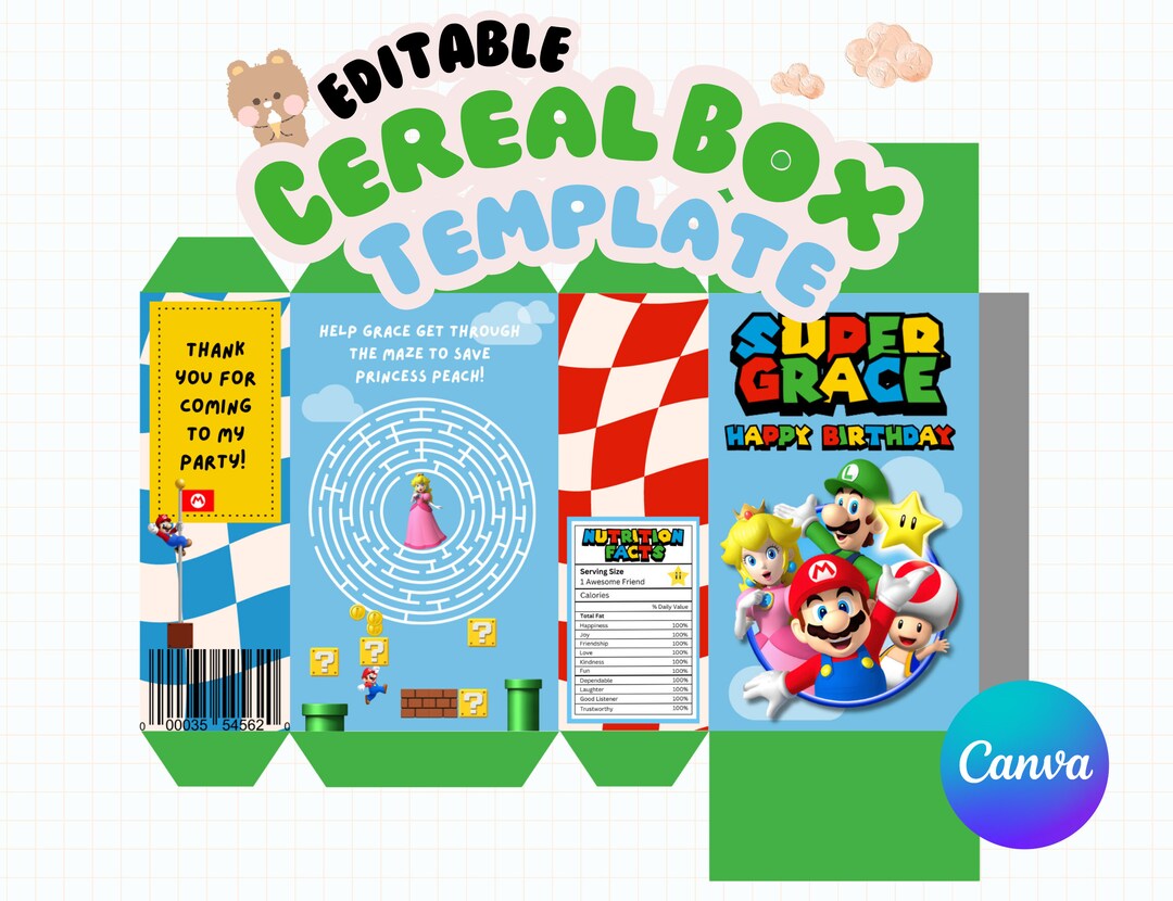 Editable Super Mario Cereal Box Template: Kids Birthday Party Favor - Etsy