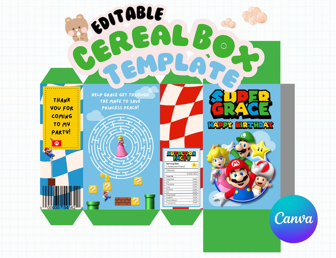 Editable Super Mario Cereal Box, Fun Cereal Box Template, Kids Birthday ...