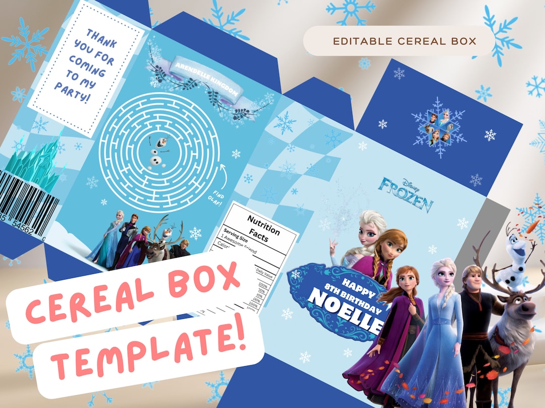 Editable Frozen Cereal Box, Cereal Box Template, Kids Birthday, Kids ...