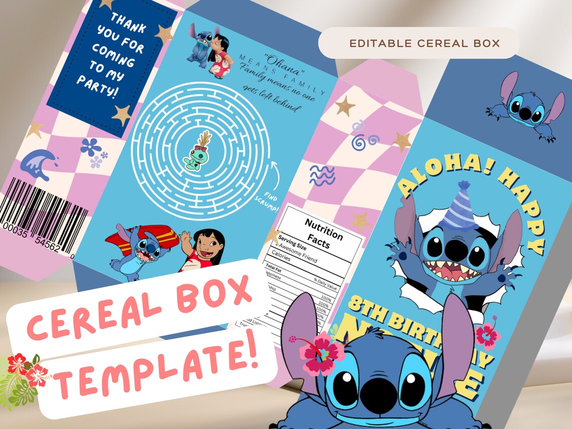 Editable Lilo and Stitch Cereal Box, Cereal Box Template, Kids Birthday ...