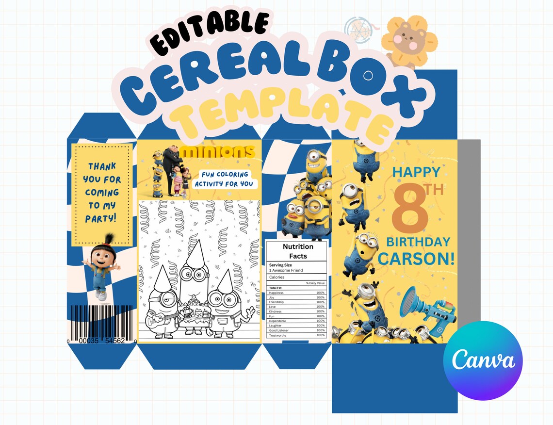 Editable Minion Cereal Box, Cereal Box Template, Kids Birthday, Kids ...