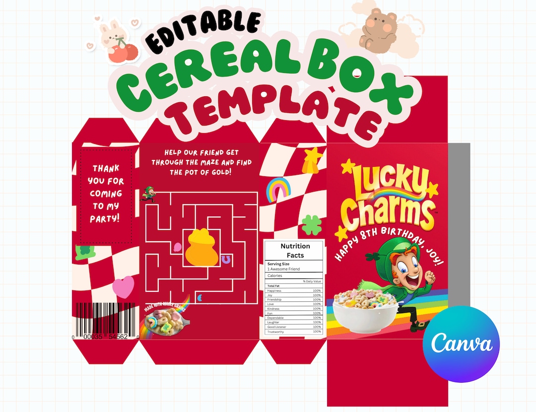 Editable Lucky Charms Cereal Box Template: Kids Birthday Party (canva ...