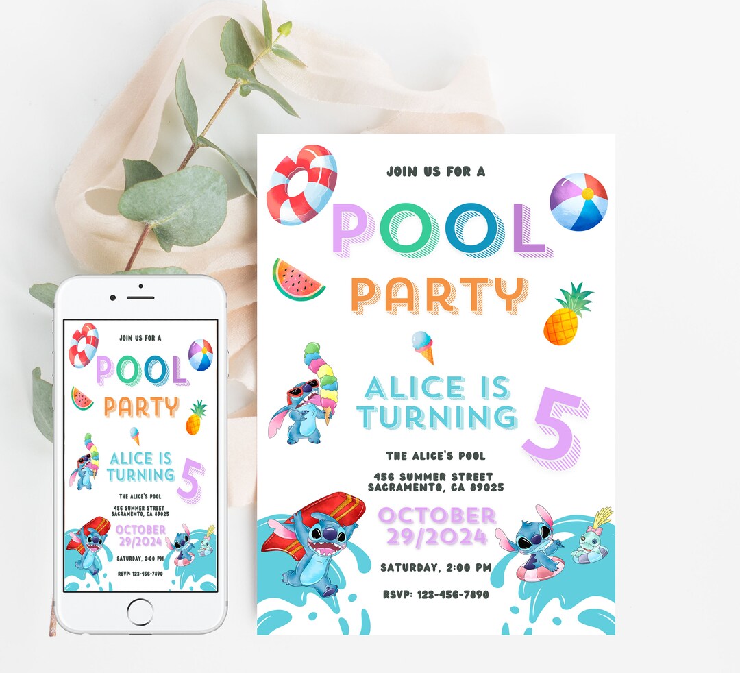 Stitch Birthday Invitation | Stitch Pool Party | Stitch Party Invite ...